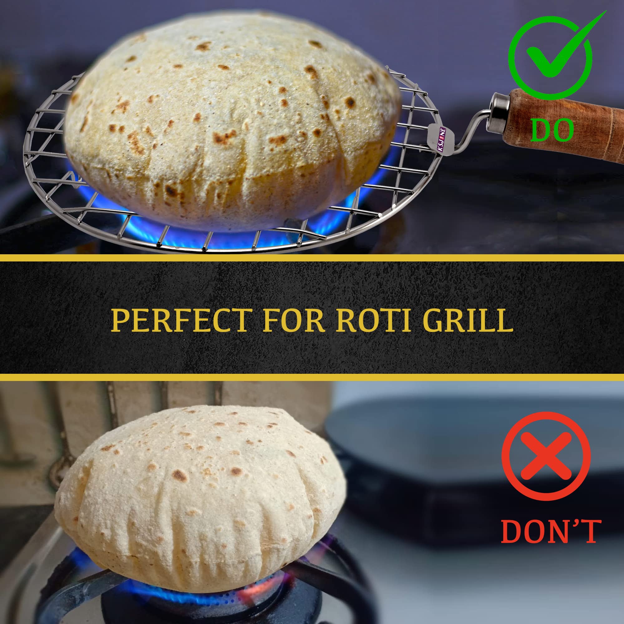 KSJONE Stainless Steel Multi-Functional Wire Steaming Cooling and Baking Barbecue Rack Round Wire Roaster Rack/Papad Jali/Roti Grill Round Shape with Wooden Handle