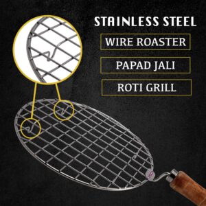 KSJONE Stainless Steel Multi-Functional Wire Steaming Cooling and Baking Barbecue Rack Round Wire Roaster Rack/Papad Jali/Roti Grill Round Shape with Wooden Handle