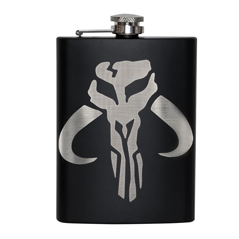 MANDALORIAN EMBLEM Engraved 8oz Black Hip Flask | Inspired by Starwars & Mandalorian | Great Gift Idea | Personalized