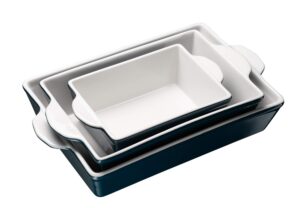 kook ceramic bakeware set, rectangular baking dishes, for casseroles, lasagna, cake, small, medium & large pans, microwave & dishwasher safe, set of 3 (navy)