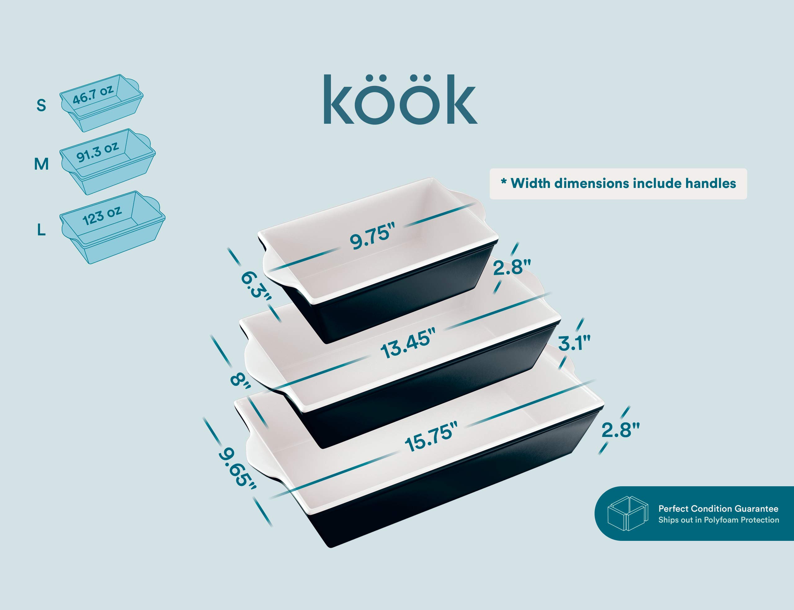 Kook Ceramic Bakeware Set, Rectangular Baking Dishes, For Casseroles, Lasagna, Cake, Small, Medium & Large Pans, Microwave & Dishwasher Safe, Set of 3 (Navy)