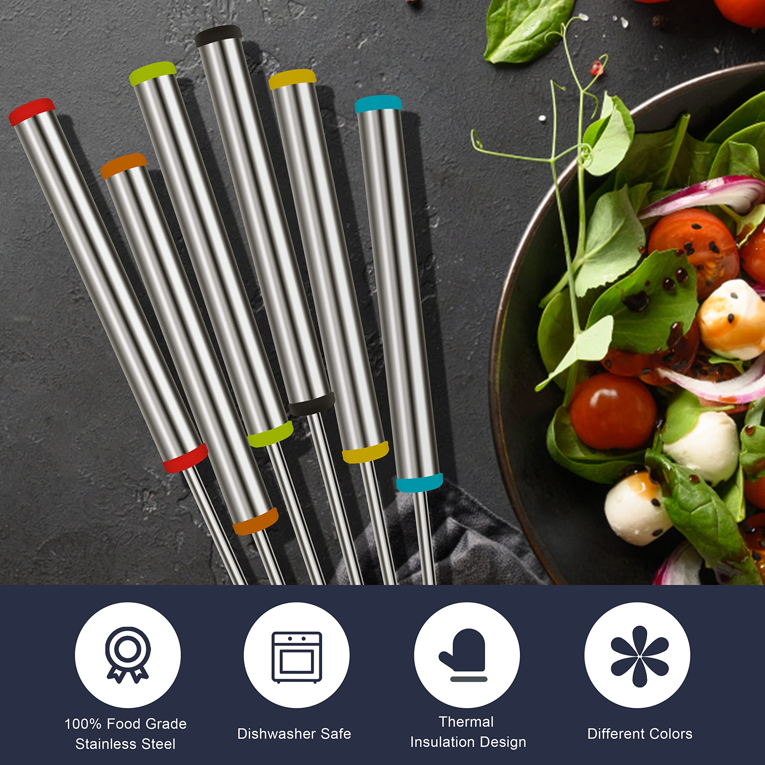 12 Pcs 9.6 Inch Cheese Fondue Forks, Smores Sticks with Color Coding, 6pcs Stainless Steel and 6pcs Wooden Handle for Roast Meat Chocolate Fountain