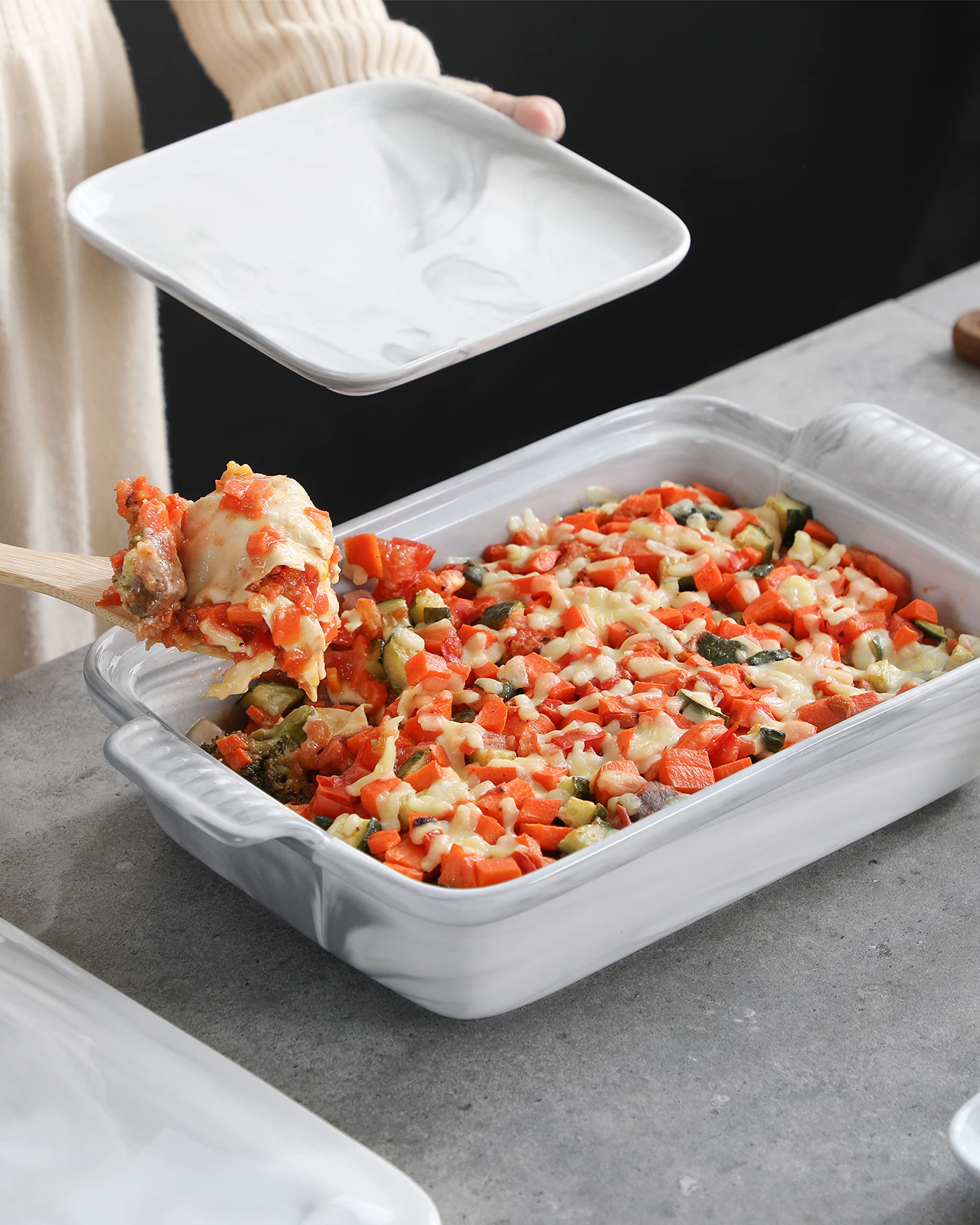 MALACASA Casserole Dish, Baking Dishes for Oven, 4.3qt Ceramic Lasagna Pan, Rectangular Baking Pan, Bakeware Set with Handles for Serving Cooking Banquet Family, 15.9x10x2.9 inches, Series BAKE-GREY