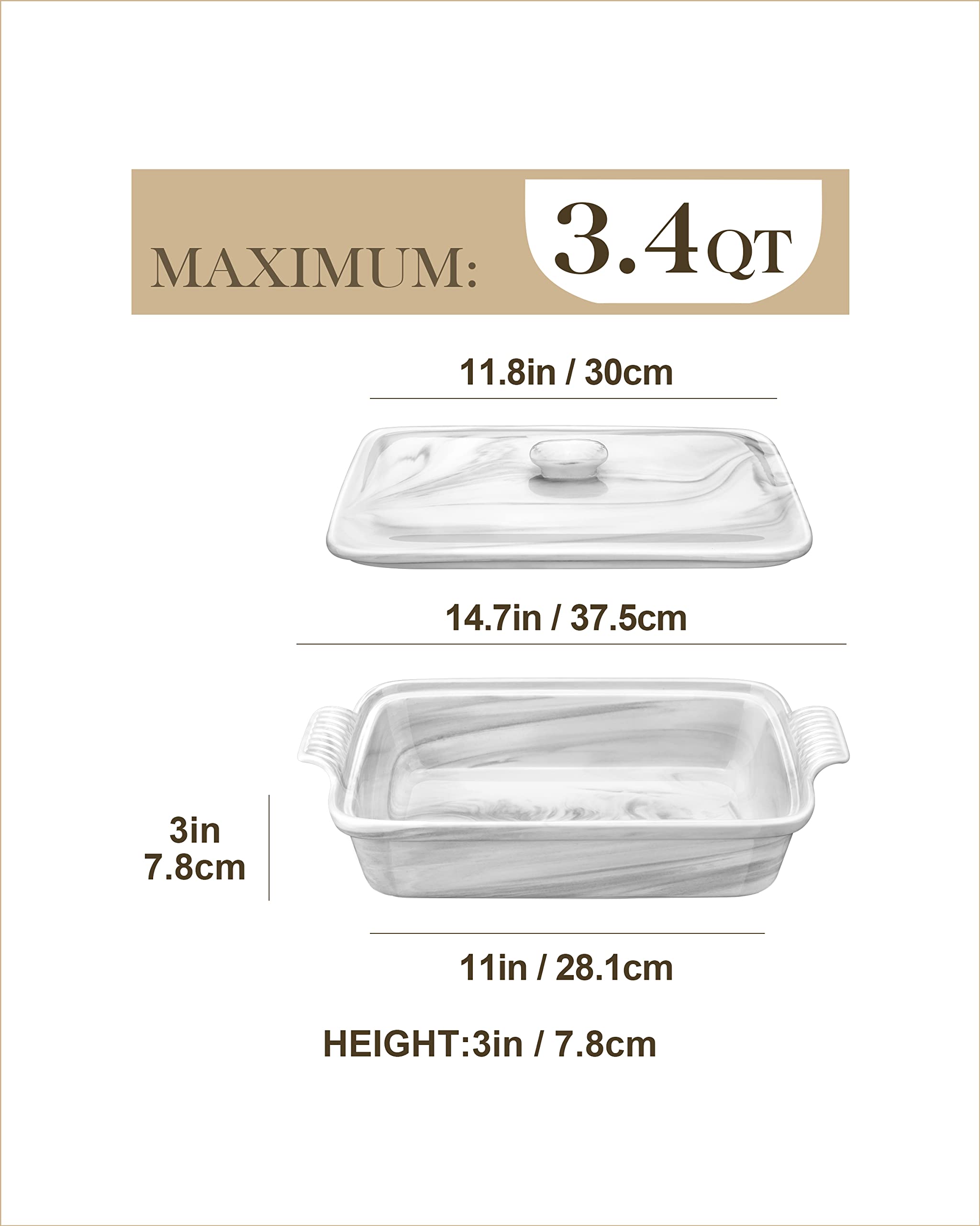 MALACASA Casserole Dish, Baking Dishes for Oven, 4.3qt Ceramic Lasagna Pan, Rectangular Baking Pan, Bakeware Set with Handles for Serving Cooking Banquet Family, 15.9x10x2.9 inches, Series BAKE-GREY