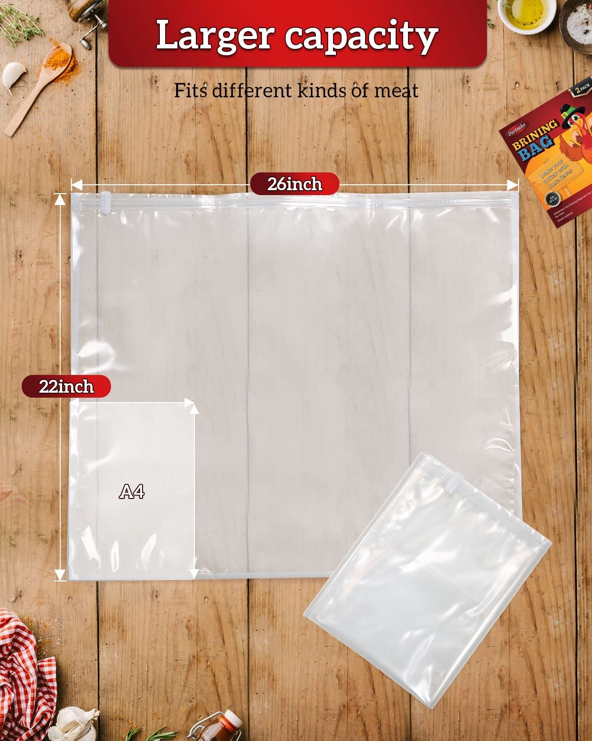 Turkey Brine Bags, 26"×22", 2 Pack, Holds up 35lbs, Thicker Brining Bags with Double Zip Lock & 2 Cotton Strings , Extra Large Brine Bag Fits for Turkey, Chicken, Beef, Fish, Lamb, Pork