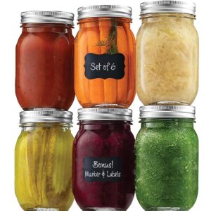 16oz Glass Mason Jars with lids Set of 6 - Airtight Band + Marker & Labels - Canning Jars with Lids, Ideal for candle jars, Spice Jars, Wedding Favors, Meal Prep, Jelly Jar, Jam, Honey,