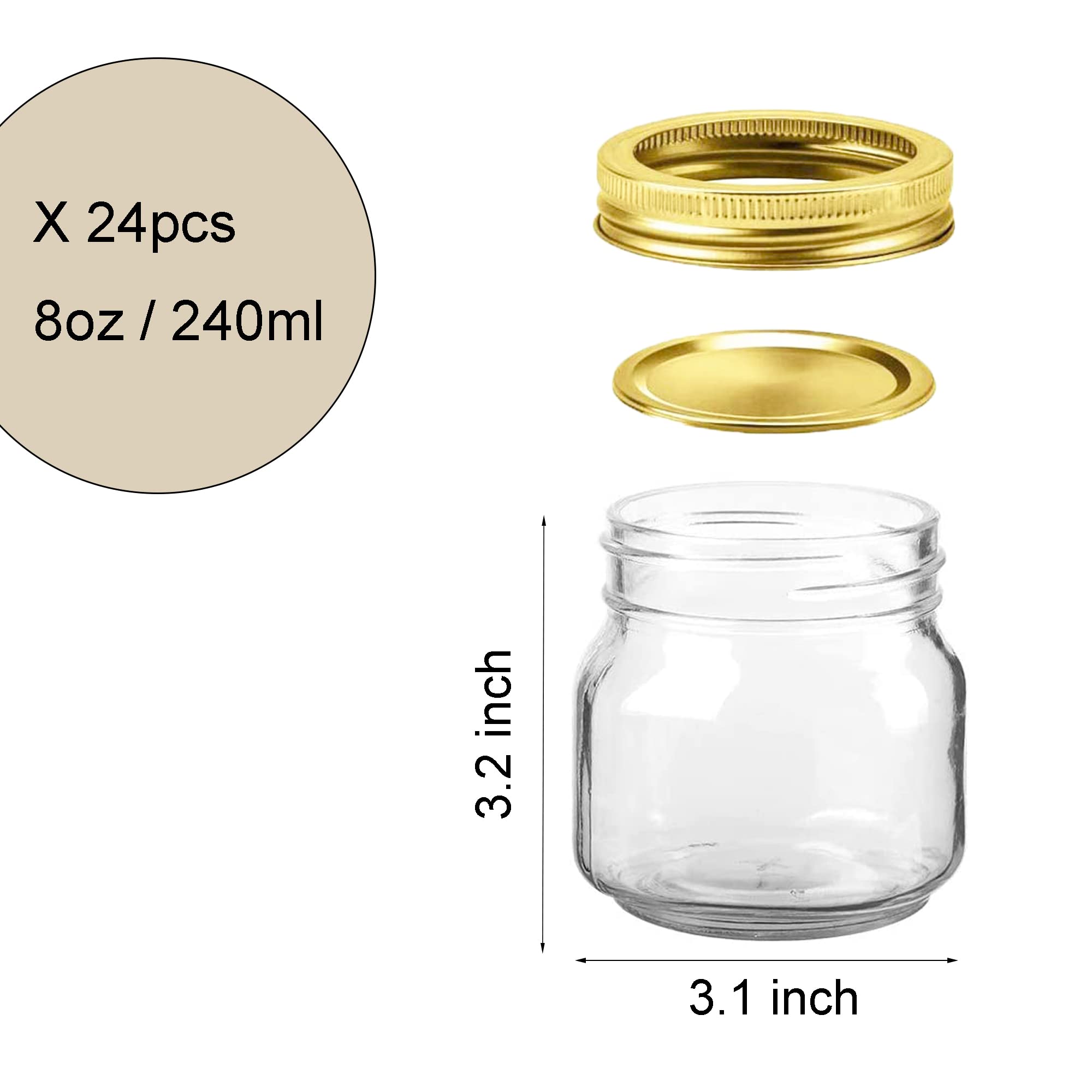 TinQee 8oz 24pcs Mason Jars, Glass Mason Canning Jars with Golden Lids and Bands for Food Storage, Jam, Honey, Jelly, and Wedding Favors (8oz / 24 Pack)