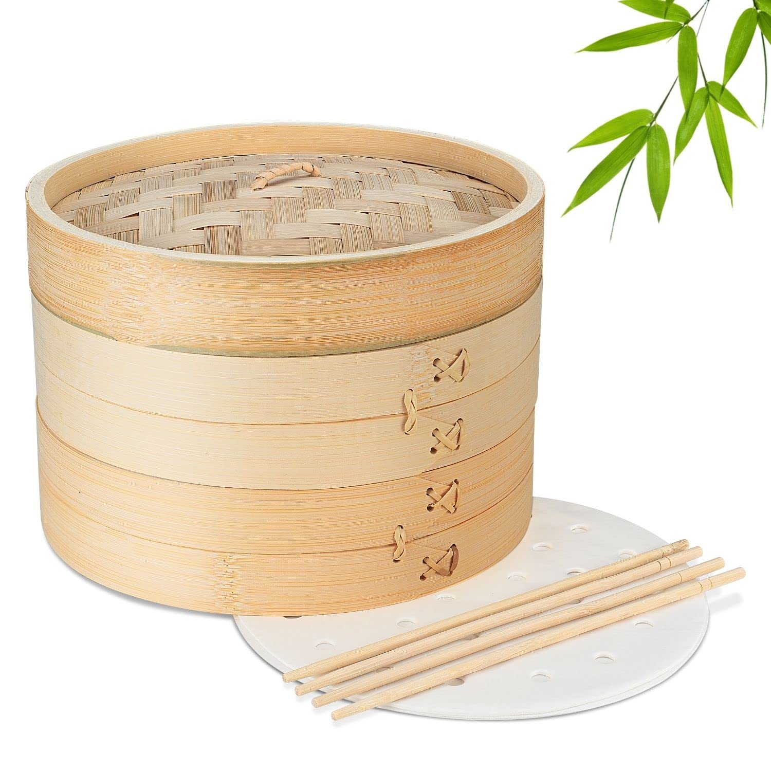 Flexzion Bamboo Steamer Basket Set (10 inch), 50 x Steamer Liners and 2 Pairs of Chopsticks, Steam Baskets for DimSum Dumplings, Rice, Vegetables, Fish and Meat