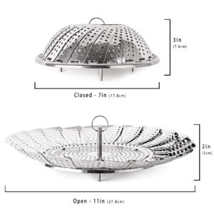 BergHOFF Steamer Basket 7" to 11" Stainless Steel 18/8 Foldable & Expandable Fit Most Pots and Pans Mirror Finish Dishwasher Safe