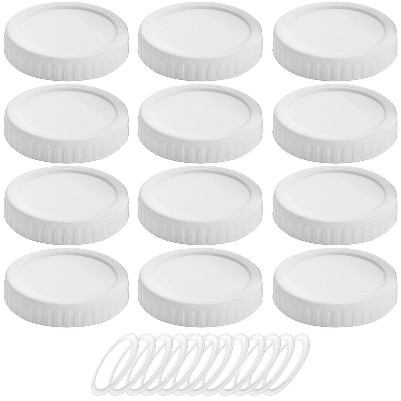 Ganganmax Plastic Mason Jar Lids with Sealing Rings 12 Pack White Plastic Storage Caps for Ball Kerr Canning Jars Regular Wide Mouth Jar Lids - Dia 70mm