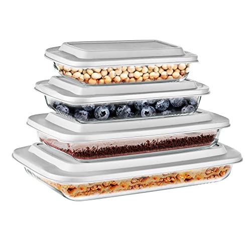 SereneLife Rectangular Glass Bakeware Set - 4 Sets of High Borosilicate with PE Lid, Heat-Resistant, Non-Slip Design, Convenient to Use & Easy to Clean, Elegant Design, Color White - SL4PBK22