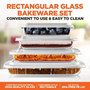 SereneLife Rectangular Glass Bakeware Set - 4 Sets of High Borosilicate with PE Lid, Heat-Resistant, Non-Slip Design, Convenient to Use & Easy to Clean, Elegant Design, Color White - SL4PBK22