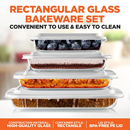 SereneLife Rectangular Glass Bakeware Set - 4 Sets of High Borosilicate with PE Lid, Heat-Resistant, Non-Slip Design, Convenient to Use & Easy to Clean, Elegant Design, Color White - SL4PBK22