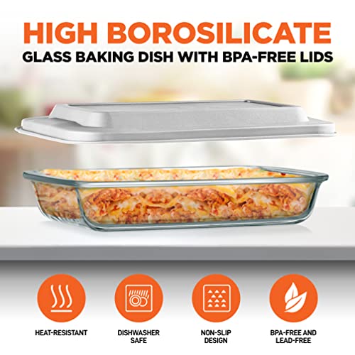 SereneLife Rectangular Glass Bakeware Set - 4 Sets of High Borosilicate with PE Lid, Heat-Resistant, Non-Slip Design, Convenient to Use & Easy to Clean, Elegant Design, Color White - SL4PBK22