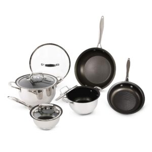 wolfgang puck 9-piece stainless steel cookware set; scratch-resistant non-stick coating; includes pots, pans and skillets; clear lids and cool touch handles, extra-wide rims for easy pouring