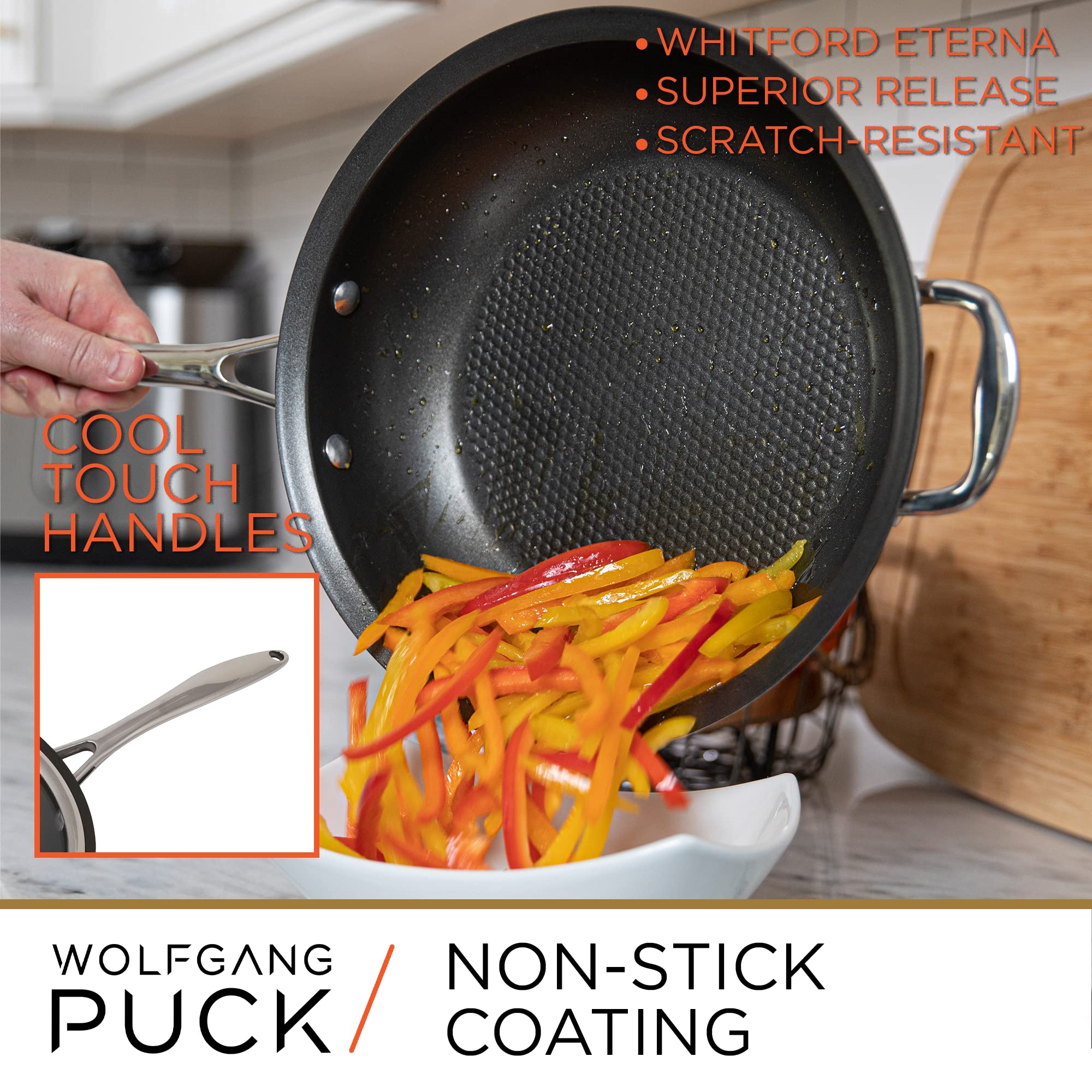 Wolfgang Puck 9-Piece Stainless Steel Cookware Set; Scratch-Resistant Non-Stick Coating; Includes Pots, Pans and Skillets; Clear Lids and Cool Touch Handles, Extra-Wide Rims for Easy Pouring