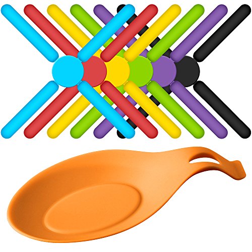 6 Pack Non-Slip Foldable Silicone Trivets, SourceTon Collapsible Cross Design Silicone Trivets in Cute Colors, Silicone Pot Holder, Hot Pad, Pot Holder, Free Bonus Spoon Rest/Balloon Whisk Rest