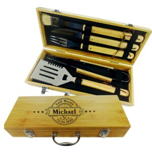 BBQ SET 5 tools | Custom engraved/personalized grilling set with 5 useful Barbeque grilling tools | Barbecue Utensils Gifts for Men & Women | In natural bamboo case | Grill Utensils Set for Dad