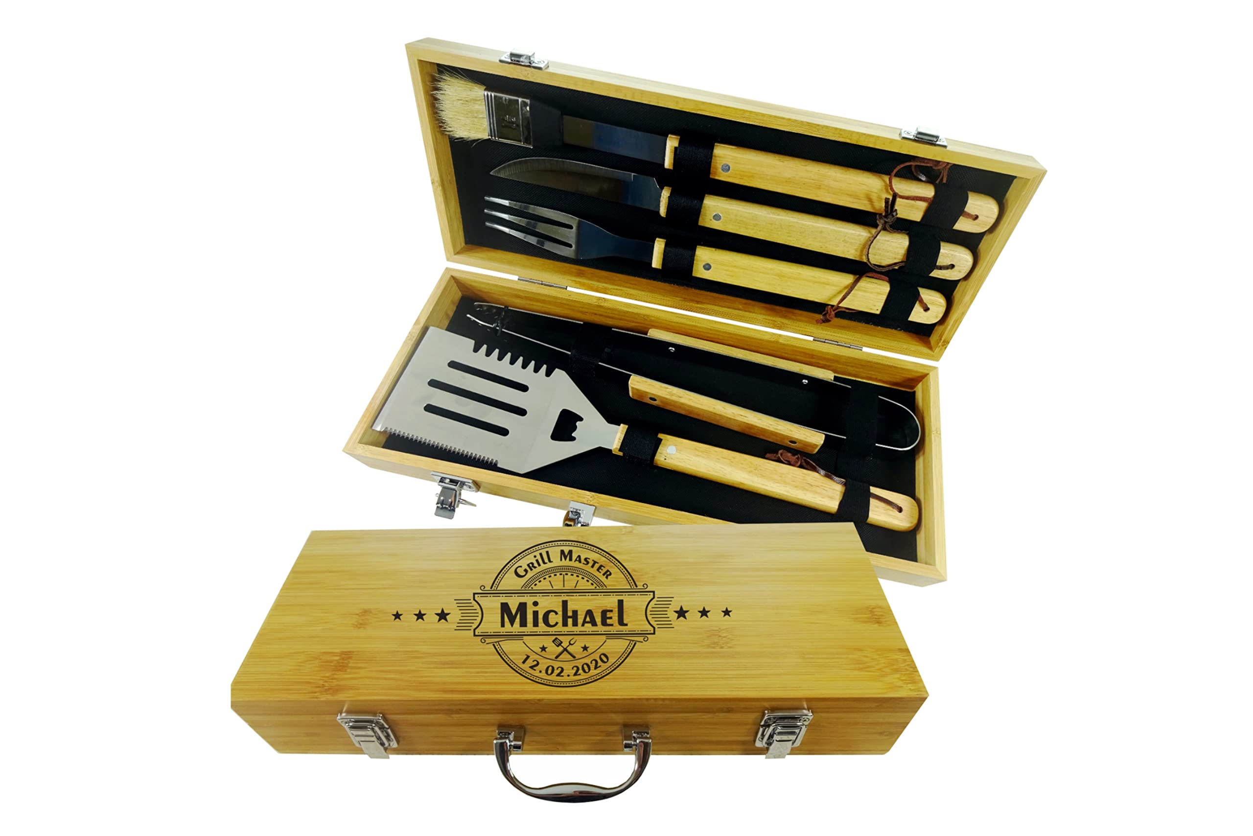 BBQ SET 5 tools | Custom engraved/personalized grilling set with 5 useful Barbeque grilling tools | Barbecue Utensils Gifts for Men & Women | In natural bamboo case | Grill Utensils Set for Dad