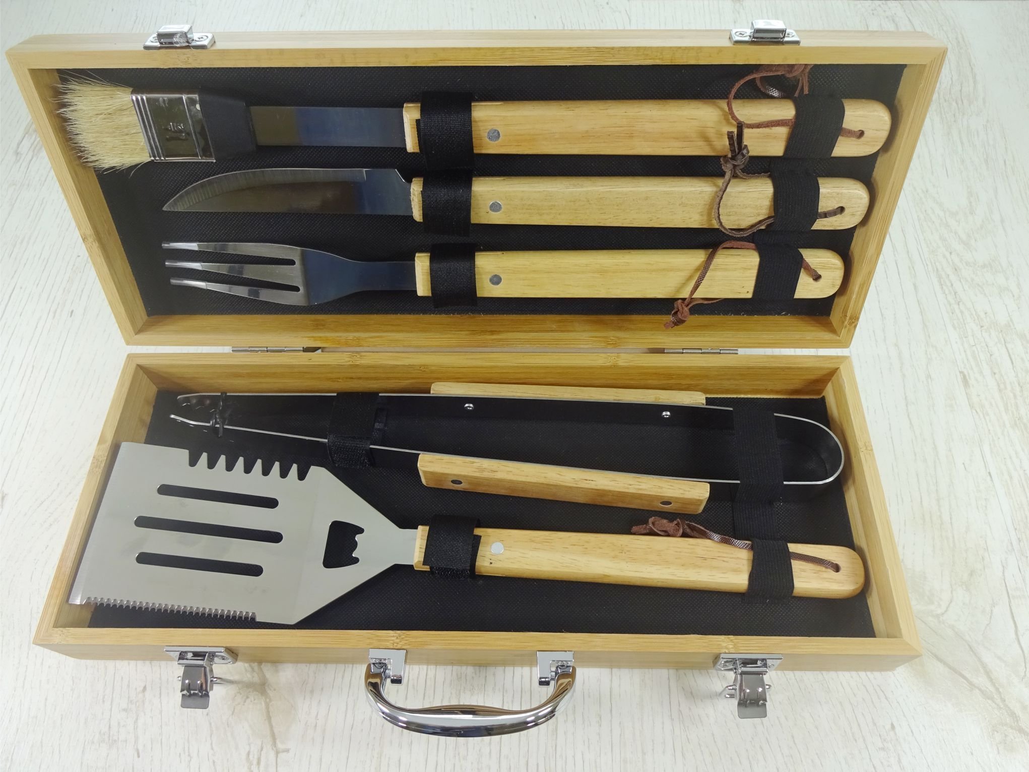 BBQ SET 5 tools | Custom engraved/personalized grilling set with 5 useful Barbeque grilling tools | Barbecue Utensils Gifts for Men & Women | In natural bamboo case | Grill Utensils Set for Dad