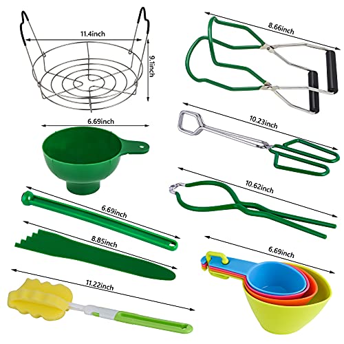 Canning Kit, 13 in 1 Canning Supplies Include Steamer Rack, Canning Funnel, Jar Lifter, Jar Wrench, Canning Tongs, Lid Lifter, Bubble Popper, Jar Brush, Canning Ladle, 4pcs Measuring Cups (Green)