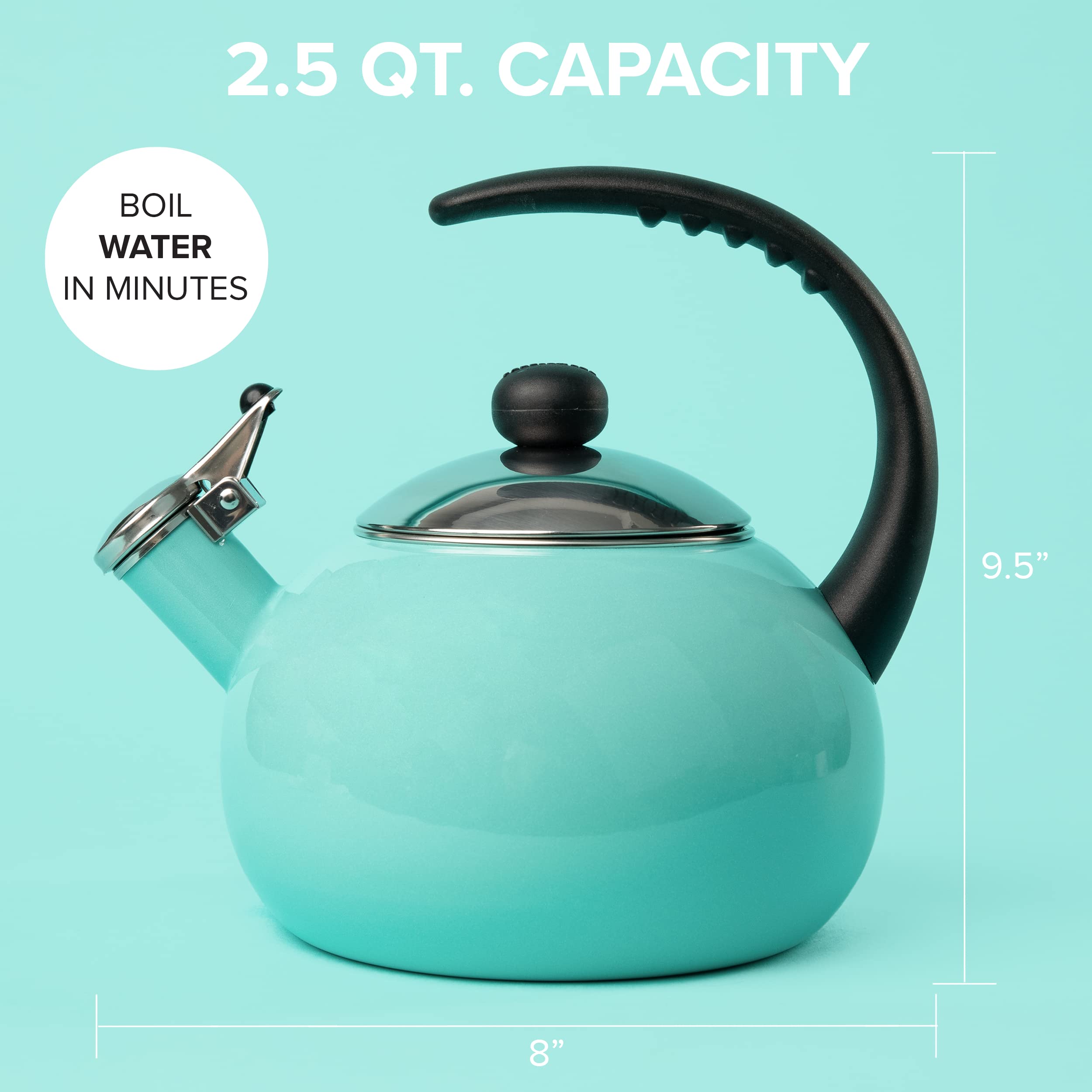 Farberware Luna Water Kettle, Whistling Tea Pot, Works For All Stovetops, Porcelain Enamel on Carbon Steel, BPA-Free, Rust-Proof, Stay Cool Handle, 2.5qt (10 Cups) Capacity (Aqua)