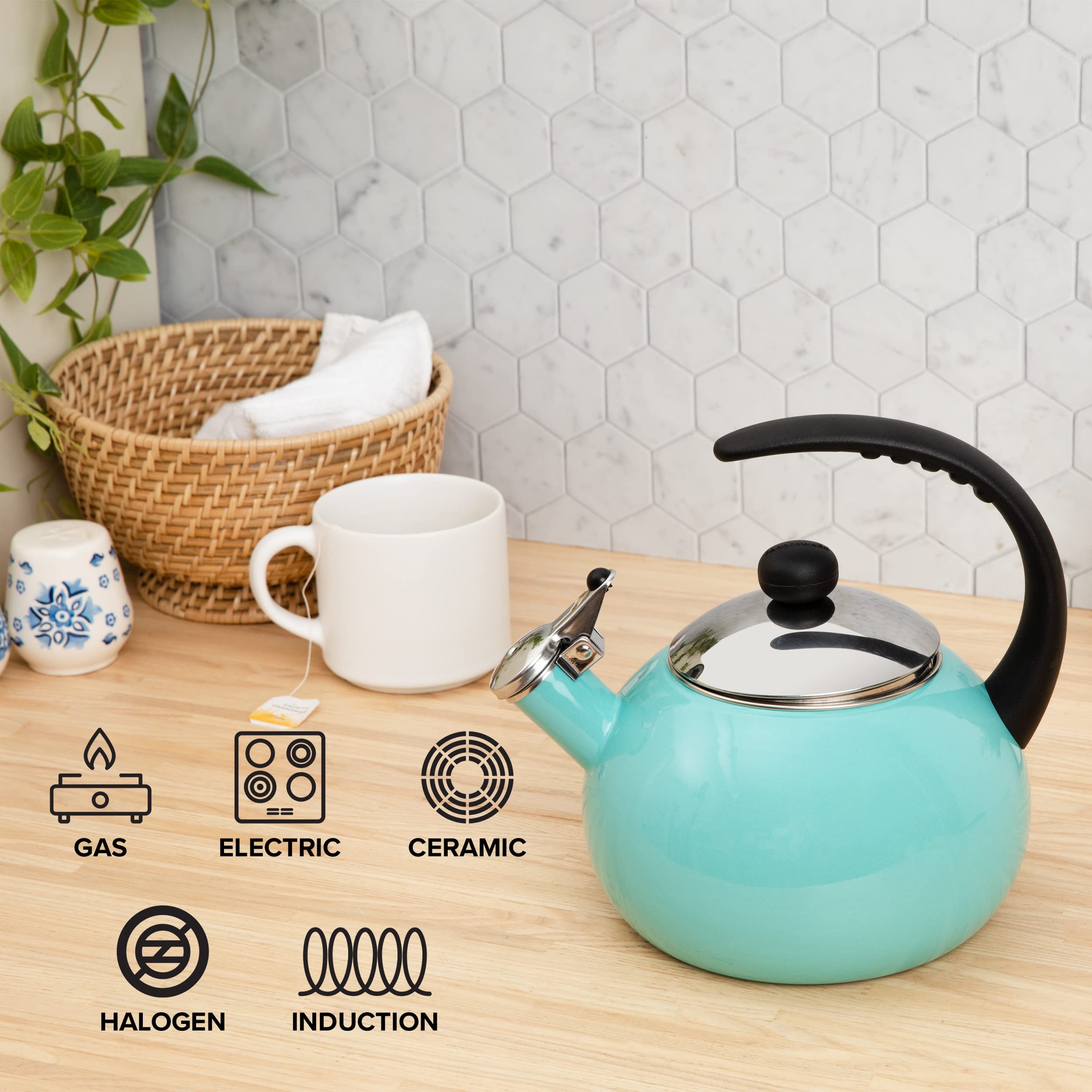 Farberware Luna Water Kettle, Whistling Tea Pot, Works For All Stovetops, Porcelain Enamel on Carbon Steel, BPA-Free, Rust-Proof, Stay Cool Handle, 2.5qt (10 Cups) Capacity (Aqua)