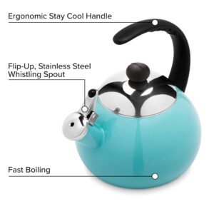 Farberware Luna Water Kettle, Whistling Tea Pot, Works For All Stovetops, Porcelain Enamel on Carbon Steel, BPA-Free, Rust-Proof, Stay Cool Handle, 2.5qt (10 Cups) Capacity (Aqua)