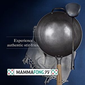 Mammafong Traditional Hand Hammered Round Bottom Carbon Steel Pow Wok Set with Wok Spatula and Bamboo Brush (14 inch wok set with wok accessories)