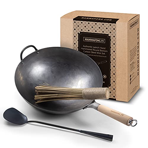 Mammafong Traditional Hand Hammered Round Bottom Carbon Steel Pow Wok Set with Wok Spatula and Bamboo Brush (14 inch wok set with wok accessories)