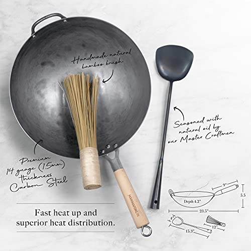 Mammafong Traditional Hand Hammered Round Bottom Carbon Steel Pow Wok Set with Wok Spatula and Bamboo Brush (14 inch wok set with wok accessories)