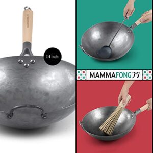 Mammafong Traditional Hand Hammered Round Bottom Carbon Steel Pow Wok Set with Wok Spatula and Bamboo Brush (14 inch wok set with wok accessories)