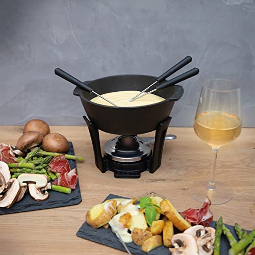 Boska Cheese Fondue Party Set - Black Cast Iron Fondue Pot for Cheese, Meat, and Chocolate - Suitable for Every Stove - Wedding Registry Items for up to 4 Persons