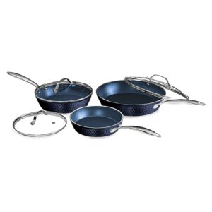 orgreenic blue hammered collection - non-toxic, non-stick ceramic 3 piece cookware set with glass lids, scratch-resistant, oven safe with upgraded handles, safe pan for all stovetops