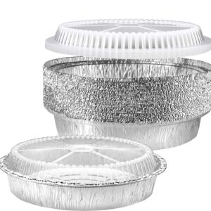 NYHI Round Aluminum Foil Pans 9-Inch | Disposable Tin Foil Pans with Clear Plastic Lids | Heavy-Duty Food Container Pie Dish Safe for Freezer & Oven | 30 Pack