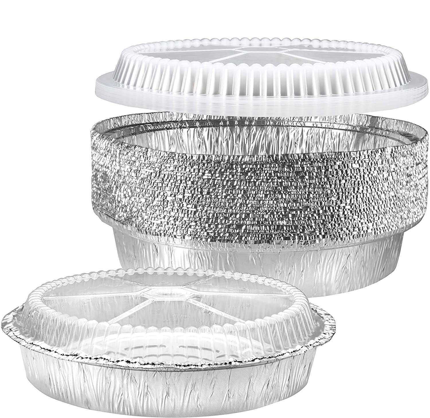 NYHI Round Aluminum Foil Pans 9-Inch | Disposable Tin Foil Pans with Clear Plastic Lids | Heavy-Duty Food Container Pie Dish Safe for Freezer & Oven | 30 Pack