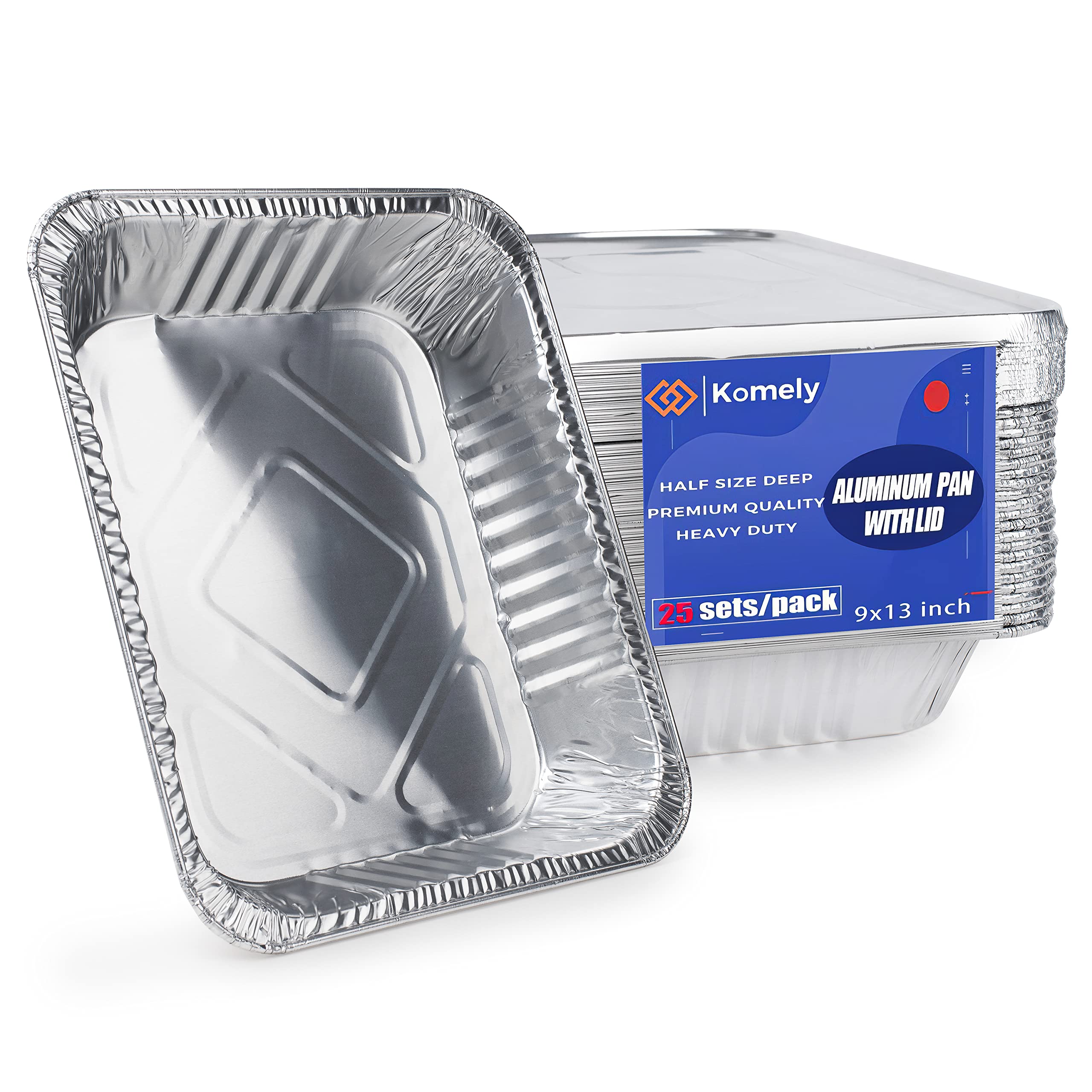 Komely Aluminum Foil Pans with Lids [25-Pack], Half-Size 9x13 Baking Pan,Heavy Duty Tin Foil Pans,Disposable Cookware, Food Containers for Cooking, Chafing, Catering,heating or Steam table