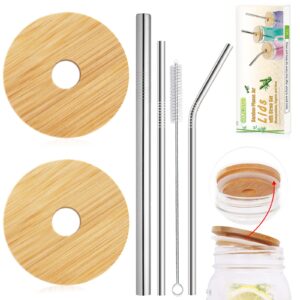 coloround【regular mouth lids】2 pack mason jar lids with straw hole regular mason jar cup lids reusable bamboo lids mason jar tops with 3 stainless steel straws & 1 brush for regular mouth mason jars