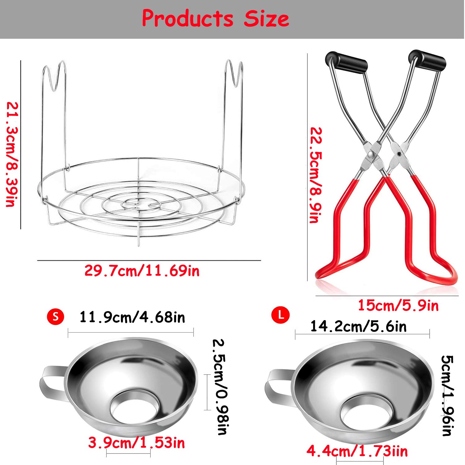 Z-synka Canning Essentials Set of 5,Includes 12" Stainless Steel Canning Rack,Canning Jar Lifter for Wide and Regular Jars,2 Stainless Steel Canning Funnel,Sponge Cleaning Brush