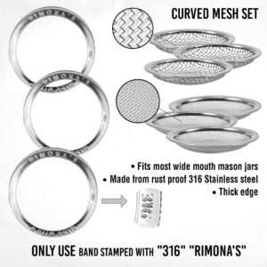 RIMONA'S 316 Sprouting Lids for Wide Mouth Mason Jars with Stainless Steel Curved Mesh Strainers - 9 pack (3 lid rings, 3 strainers of 1mm size, 3 strainers of 2.5mm size)