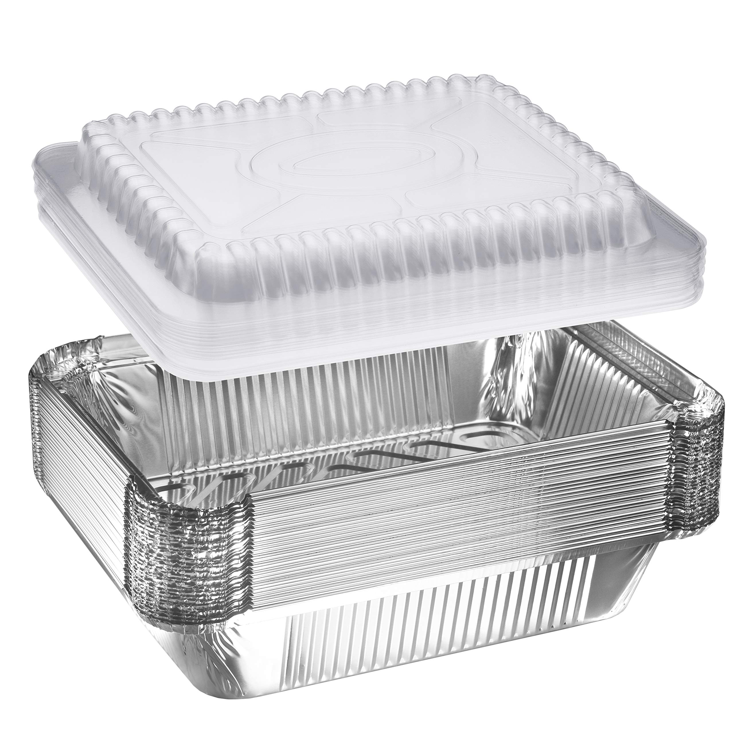 NYHI 30-Pack Heavy Duty Disposable Aluminum Oblong Foil Pans with Plastic Covers Recyclable Tin Food Storage Tray Extra-Sturdy Containers for Cooking, Baking, Meal Prep, Takeout - 8.4" x 5.9" - 2.25lb