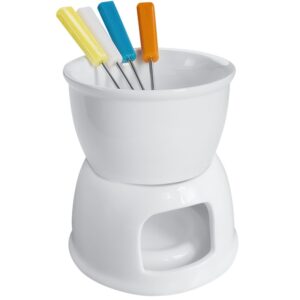 tebery fondue set with 4 color forks, premium tea light porcelain melting pot for cheese, chocolate and tapas - white