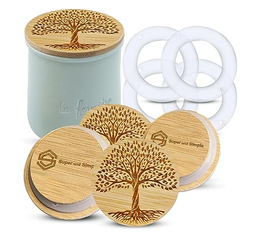 La Fermiere Yogurt Container Covers – Tree of Life Design or Choose a Design - 4 Bamboo Wood Lids Set With Extra Silicone Gaskets - Perfect Airtight Fit