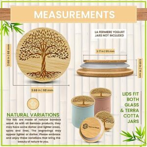 La Fermiere Yogurt Container Covers – Tree of Life Design or Choose a Design - 4 Bamboo Wood Lids Set With Extra Silicone Gaskets - Perfect Airtight Fit