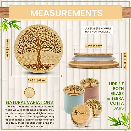 La Fermiere Yogurt Container Covers – Tree of Life Design or Choose a Design - 4 Bamboo Wood Lids Set With Extra Silicone Gaskets - Perfect Airtight Fit