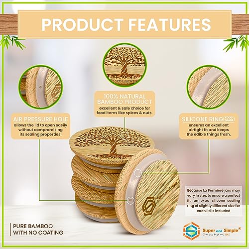 La Fermiere Yogurt Container Covers – Tree of Life Design or Choose a Design - 4 Bamboo Wood Lids Set With Extra Silicone Gaskets - Perfect Airtight Fit