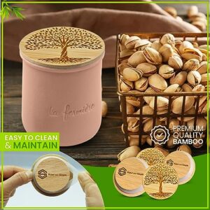 La Fermiere Yogurt Container Covers – Tree of Life Design or Choose a Design - 4 Bamboo Wood Lids Set With Extra Silicone Gaskets - Perfect Airtight Fit