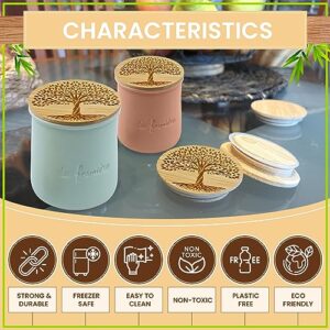 La Fermiere Yogurt Container Covers – Tree of Life Design or Choose a Design - 4 Bamboo Wood Lids Set With Extra Silicone Gaskets - Perfect Airtight Fit