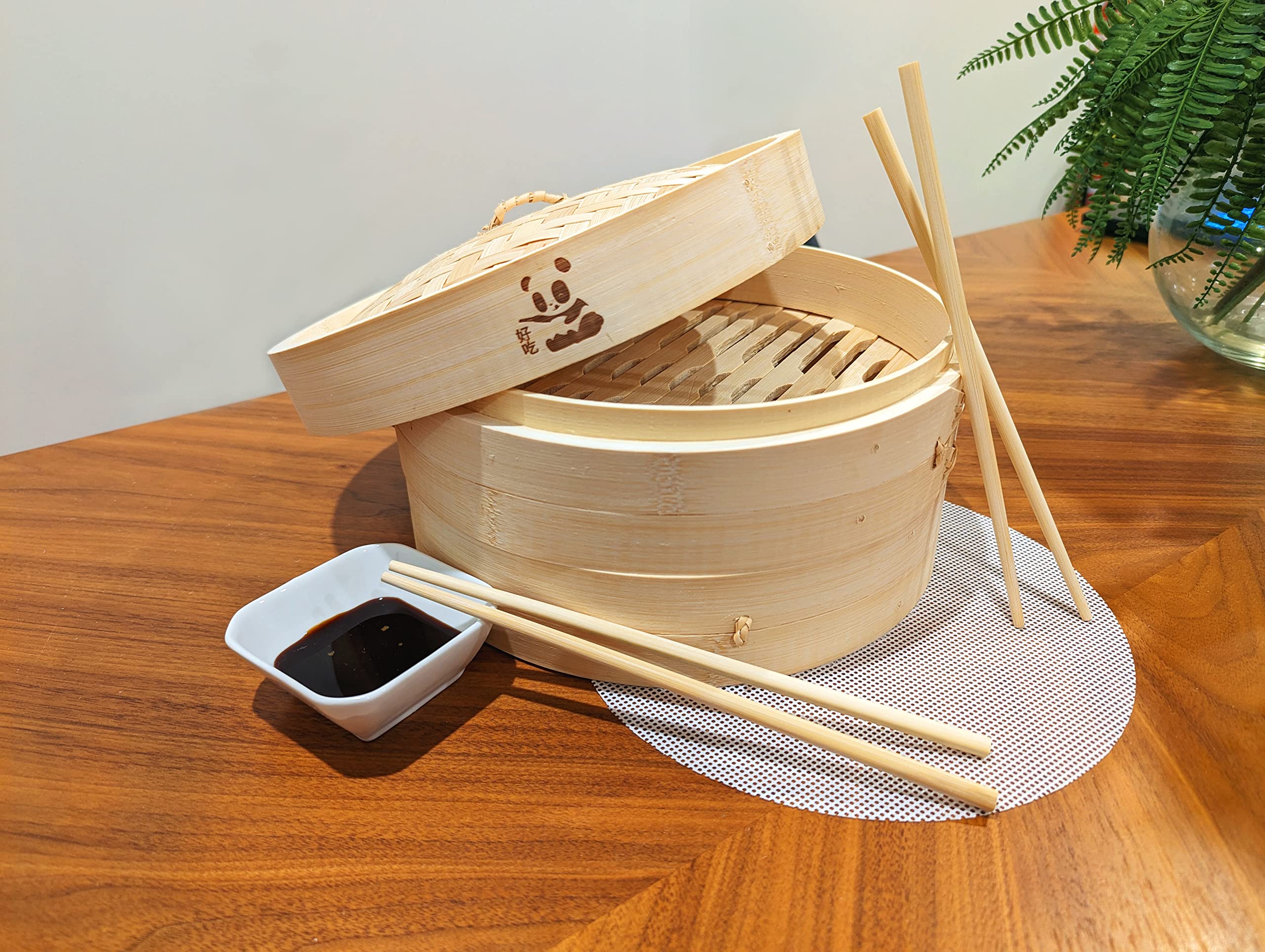 Bold Living 10 Inch Bamboo Steamer Basket, 2 Tier Natural Sustainable Food Cooker for Dumplings, Vegetables, Tamales, Seafood, Bao Buns with 2 Reusable Nonstick Liners, 2 Pair Chopsticks, 1 Sauce Dish