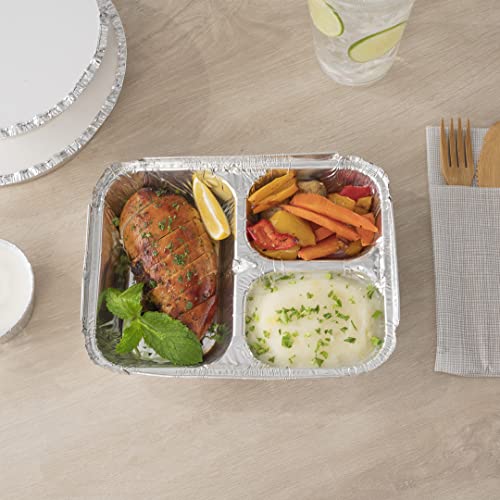 Restaurantware Foil Lux 23 Ounce Aluminum Food Containers 100 Rectangle Aluminum Pans - Lids Sold Separately 3 Compartments Silver Aluminum Foil Containers For Storing Baking And Meal Prep